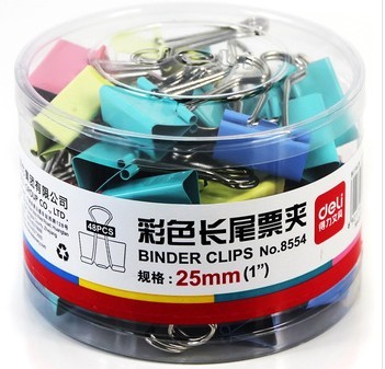 得力长尾夹8554ES彩色铁夹25mm票夹48只/筒燕尾夹办公文具用品