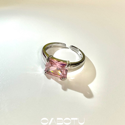 手工纯银粉色方糖戒指 S925纯银小众轻奢简约锆石女指环