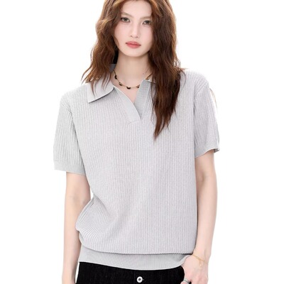 夏季新款美式肌理老钱风针织POLO领针织短袖男女冰爽设计上衣潮流