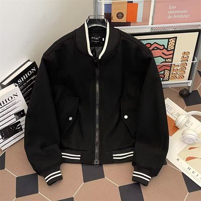 美式复古街头黑色棒球服毛呢夹克女设计感宽松潮牌秋冬休闲外套男