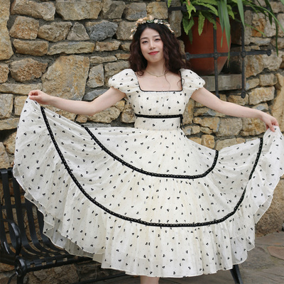 赫本风黑白短袖夏日大摆公主裙