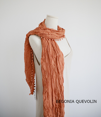 出口日本 球球自然压绉皱橘色米色亚麻混纺围巾