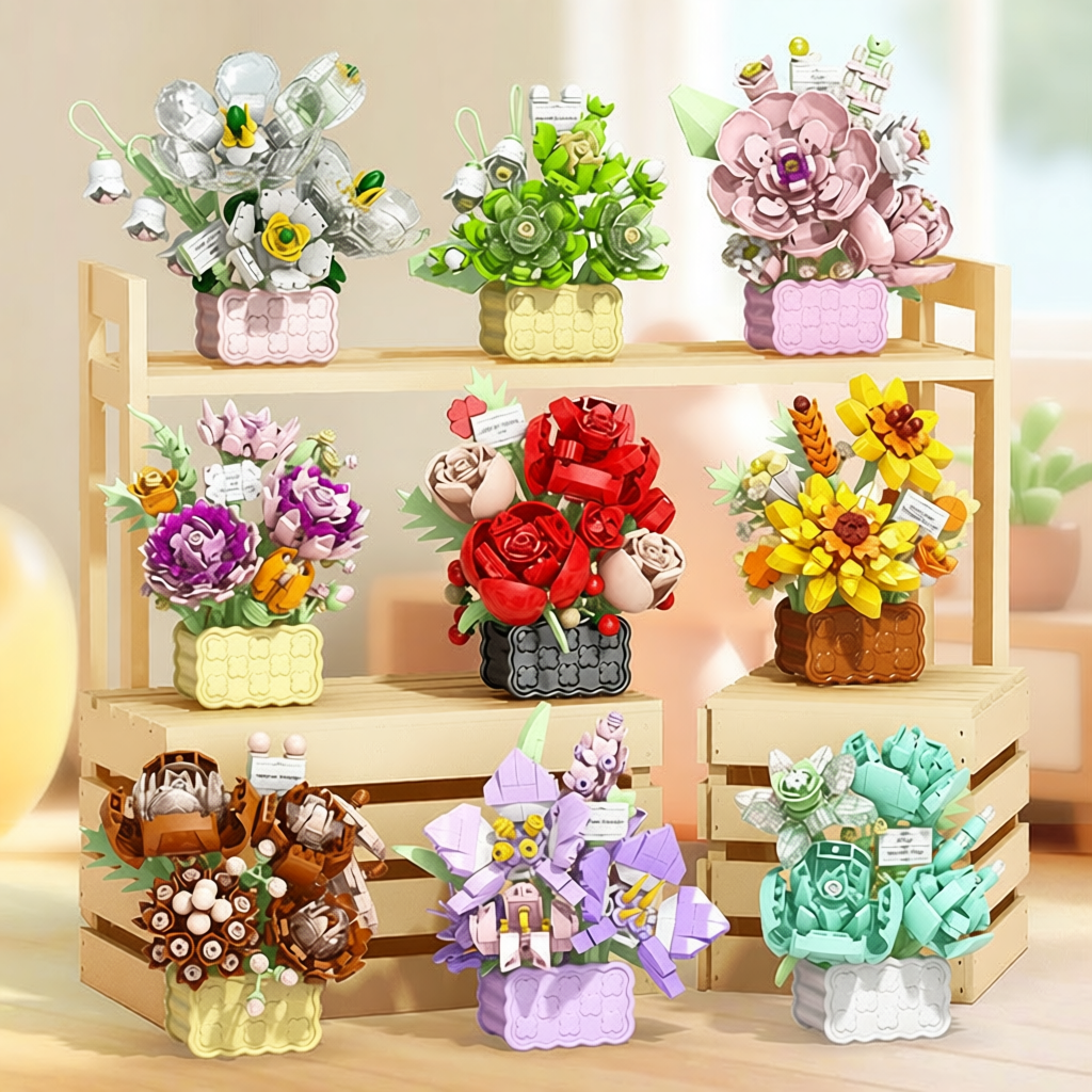 乐乐兄弟积木拼装迷你颗粒花篮玫瑰儿童益智男孩玩具普通塑料积木