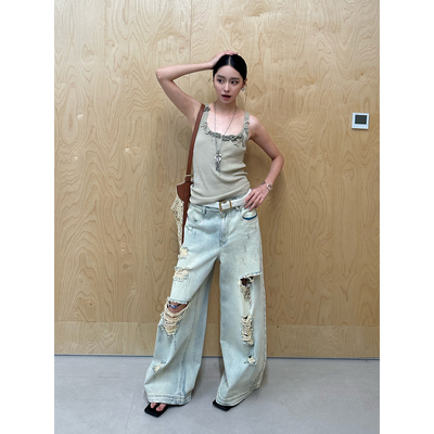 SHELLE ARTISTE 设计师品牌 25春夏 钉珠破洞牛仔裤 SOLSOL买手店