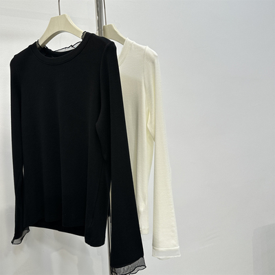 网纱拼接小众精致磨毛打底衫女秋冬修身弹力显瘦正肩内搭T恤上衣