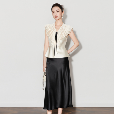 夏季新款重工压褶大翻领减龄无袖衬衫超美V领法式优雅高级感上衣