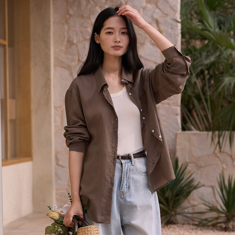 高级感兰精天丝亚麻衬衫女春夏纽扣纯色莱赛尔长袖开衫衬衣上衣