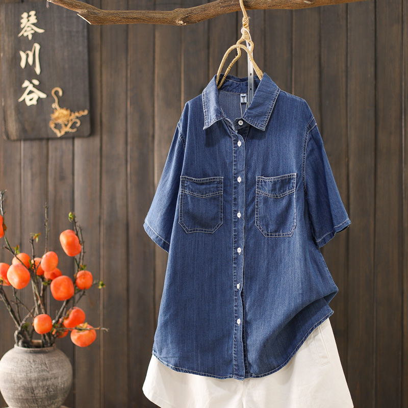 柔软天丝牛仔短袖衬衣女夏季设计感宽松休闲韩版显瘦衬衫垂感上衣_虎窝淘