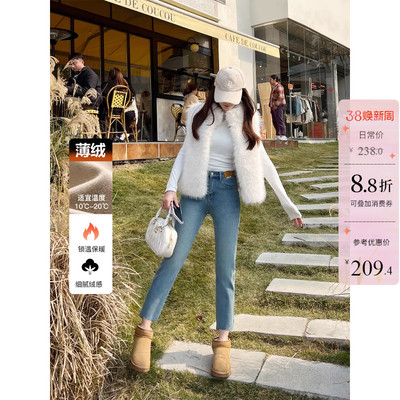 轻暖薄绒~加绒高腰八分牛仔裤女冬季浅蓝色显瘦保暖小个子直筒裤