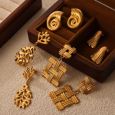 欧美复古海螺几何编织耳环ins风钛钢镀金个性气质耳饰earring