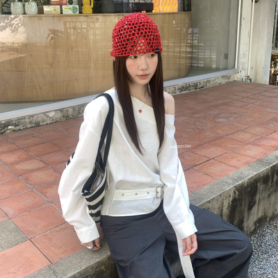 MZI STUDIO-韩标气质小女人一字肩腰带简约时尚套头小衫(配腰带)