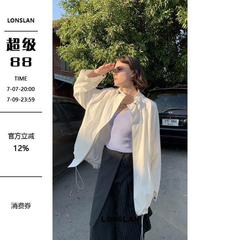 LONSLAN 2025春夏新款中长款宽松休闲百搭抽绳工装拉链外套上衣女