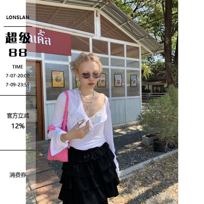 LONSLAN 2024春新款V领防晒舒适纽扣修身微透长袖上衣