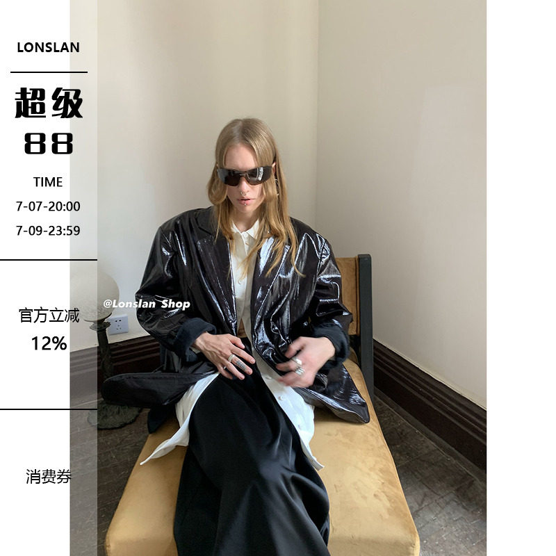 LONSLAN 2023秋冬新款漆皮廓形设计感显瘦西服外套上衣皮衣女