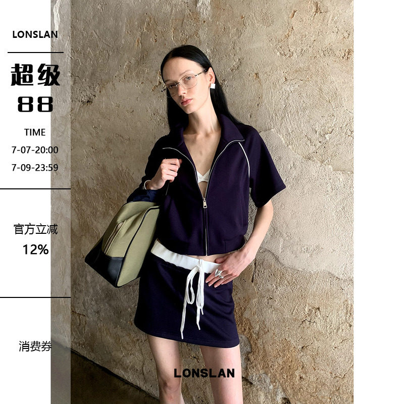 LONSLAN 2024 6/16 20:00拉链运动短袖外套+腰头绑带拼色短裙套装