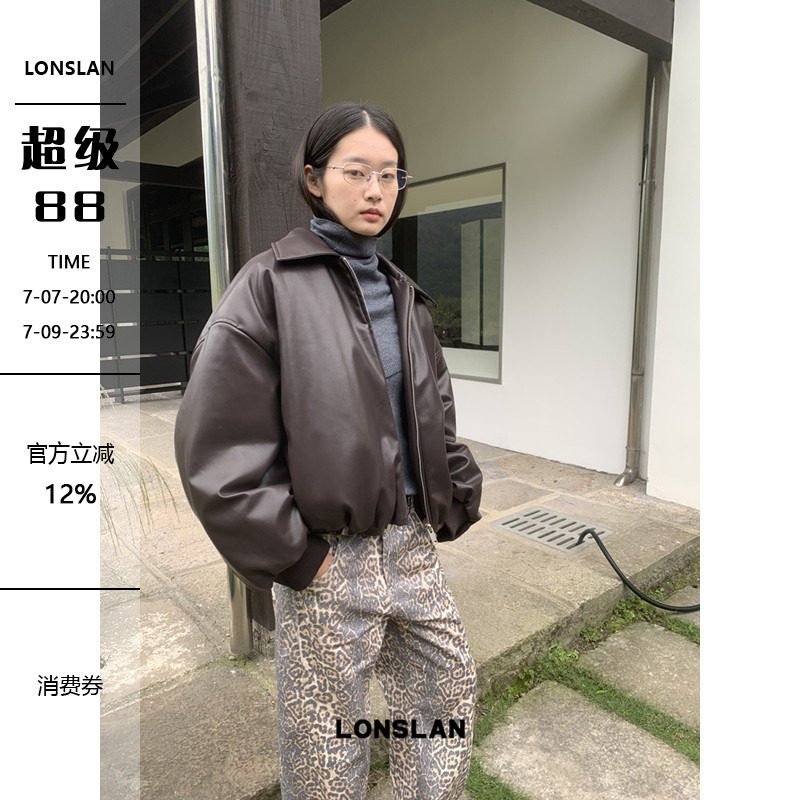 LOSLAN 2024秋冬新款复古翻领拉链大袖子皮衣夹克外套上衣