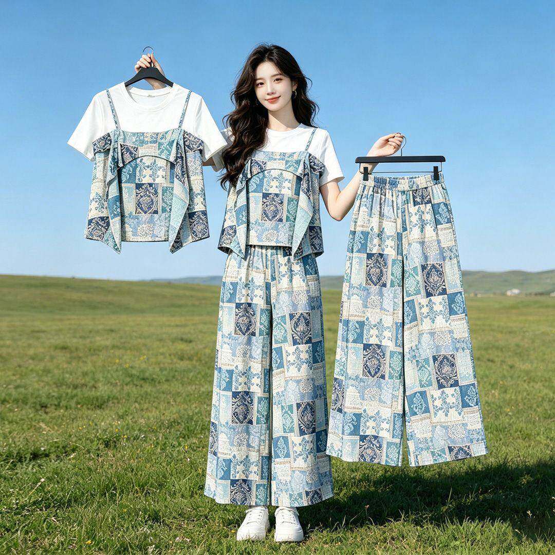 2026夏季新款韩版设计感印花t恤上衣女休闲薄款宽松阔腿裤两件套