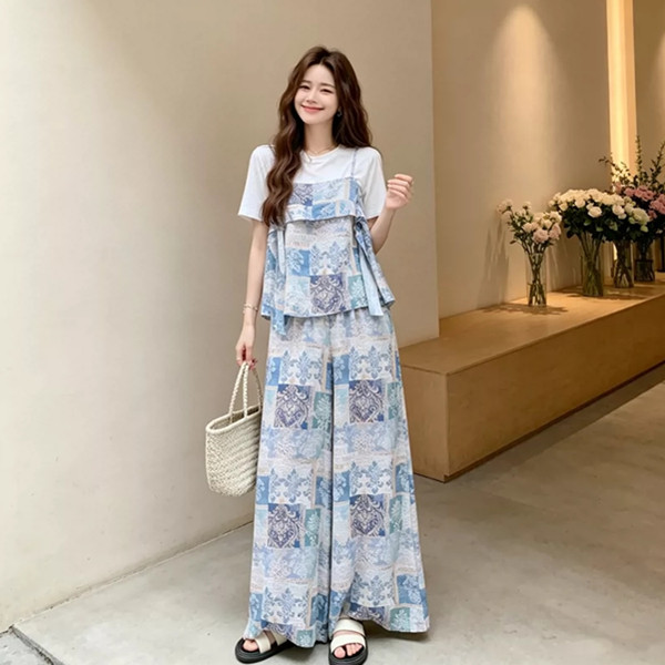 夏季新款韩版设计感拼接印花t恤上衣休闲薄款宽松阔腿裤两件套女