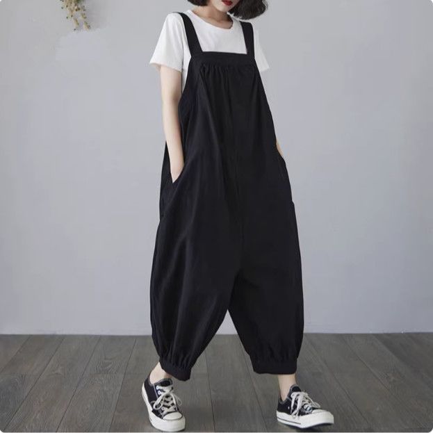 新款复古时尚连体裤背带九分裤宽松夏季文艺大码女装休闲哈伦裤潮