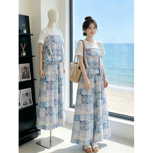 夏季新款韩系气质印花假两件T恤上衣垂感阔腿裤女慵懒休闲两件套