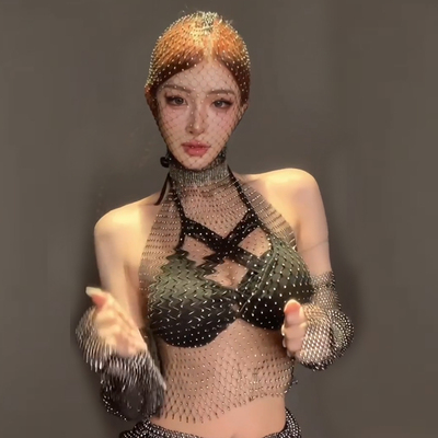 欧美风辣妹性感镂空网眼挂脖吊带背心女气质修身显瘦内搭打底上衣