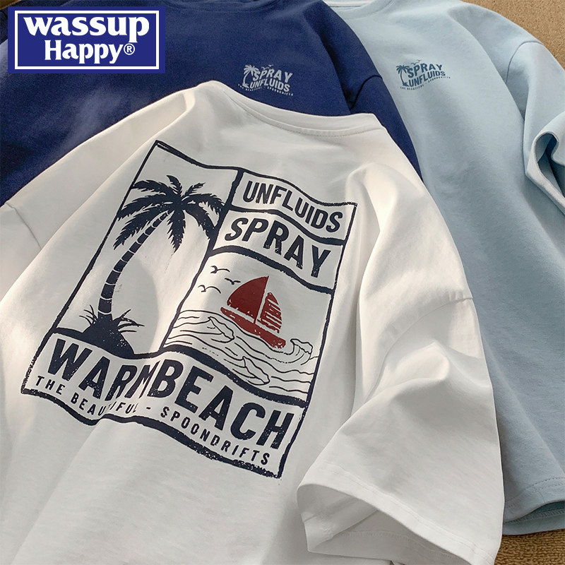 wassup happy短袖t恤男夏季潮流半袖宽松学生重磅纯棉体恤上衣服_虎窝淘