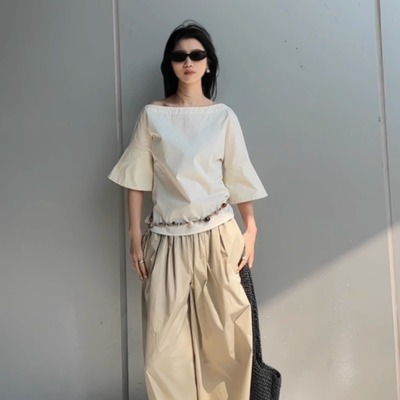 COLINE CONCISE25SS 小众设计宽松缩褶皱腰头休闲裤*