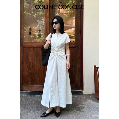 COLINE CONCISE 知性美白色V领短袖女收腰设计师连衣裙