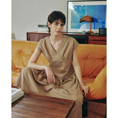 COLINE CONCISE重磅洗水 小v领浅橘废土色短袖连衣裙a字裙