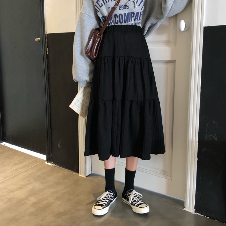 高腰A字白色长裙 少女日常百搭长款蛋糕裙 聚酯纤维半身裙