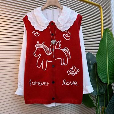 新款线条小马高品质刺绣针织马甲胖妹妹双层娃娃领衬衫大码女装潮