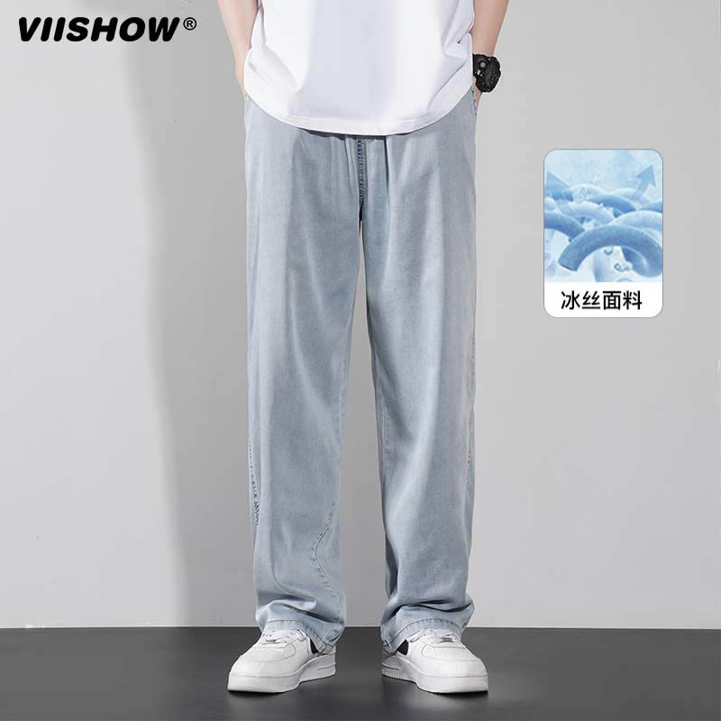 VISHOW美式高街潮牌冰丝牛仔裤男夏季拖地做旧直筒牛仔长裤男生