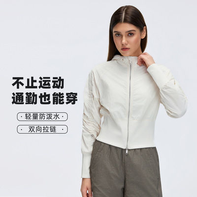 D26002休闲百搭短款夹克上衣女收腰显瘦褶皱开衫连帽拉链运动外套