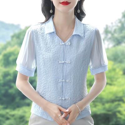 夏季真丝衬衫国风短袖上衣女