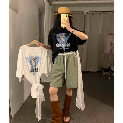 JUPITER绑带蕾丝天使印花T恤韩国26夏新款宽松休闲套头短袖上衣女