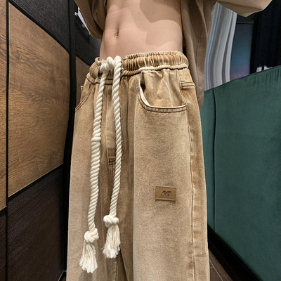 潮标蒂拉链长裤水洗春秋冬松紧绳