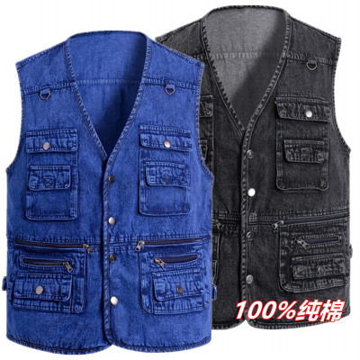 马甲纯棉大码多口袋牛仔宽松透气