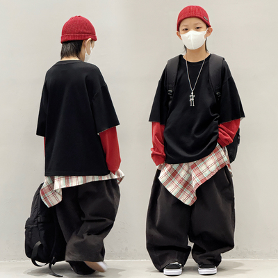 男童长袖T恤2025新款儿童秋装上衣假两件男孩秋季洋气打底衫潮酷