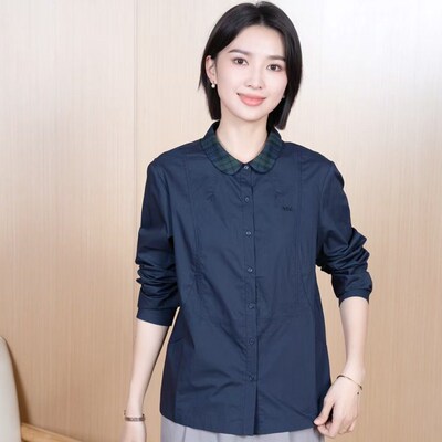 韫直筒单排扣长袖棉格子领衬衫