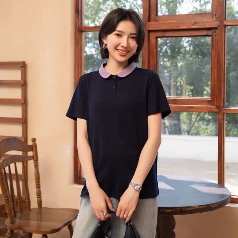 YUN韫2026夏季新款女装通勤宽松显瘦撞色领针织棉短袖女T恤  5678