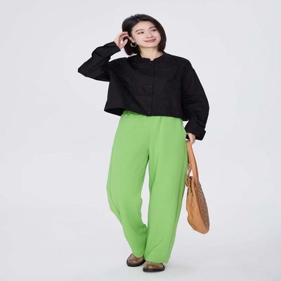 翠色嘉人2026春季新款简约时尚十字绣短款立领长袖棉衬衫女85025