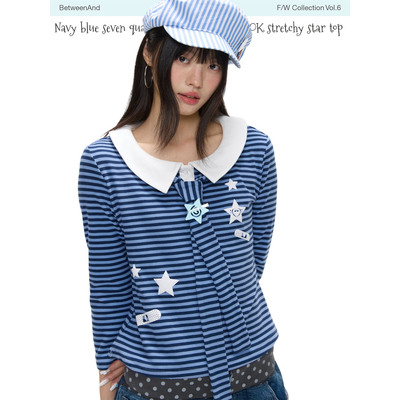 海军蓝七分袖娃娃领上衣