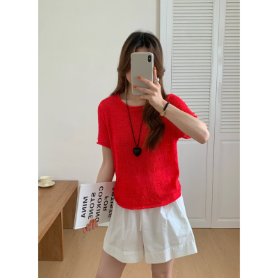 ING-款纯色卷边设计上衣女百搭宽松显瘦日常小众短袖针织衫w9217