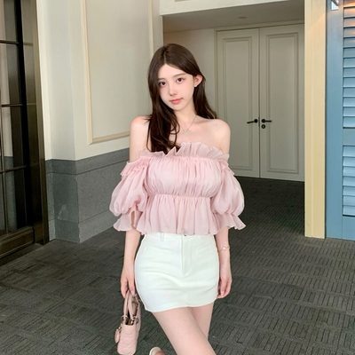 若语定制 温柔夏sin珠光荷叶边抽皱收腰上衣纯欲风短袖半裙两件套