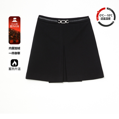 NOWSHOW朗香冬季新品黑色加绒金属皮袢半裙214003