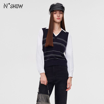 朗香秋季藏青色学院风假两件小衫