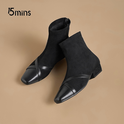 15mins法式粗跟短靴女款瘦瘦靴子