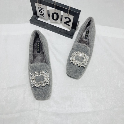 仙女风水钻方扣加绒平底毛毛鞋女