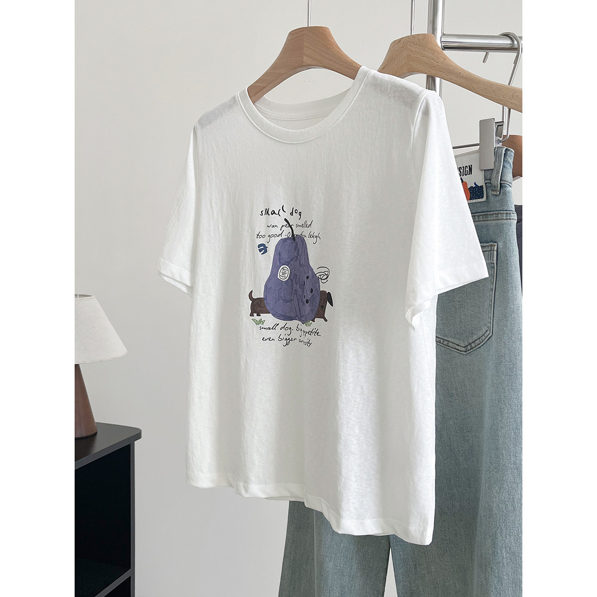 雪花棉亲肤透气鸭梨印花圆领短袖T恤女夏新款百搭显瘦打底衫上衣
