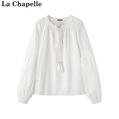 拉夏贝尔/La Chapelle早秋新款圆领系绳镂空宽松休闲气质长袖衬衫